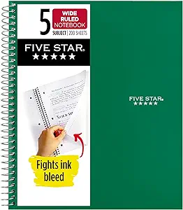 5-Subject Five Star Double-Sided Wide Ruled Spiral Notebook (200 Sheets ...