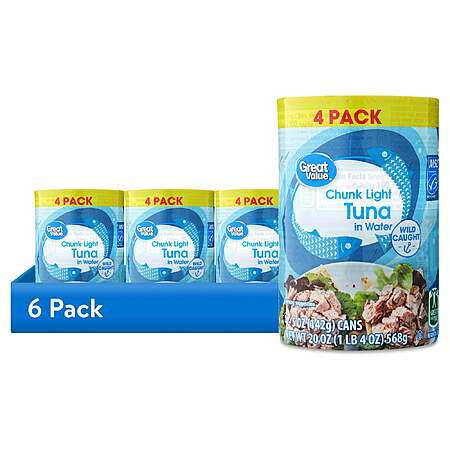 (6 pack) Great Value Chunk Light Tuna in Water, 5 oz, 4 Pack (24 cans ...