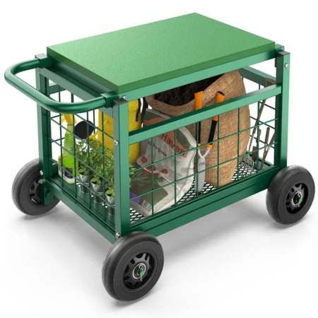 Multi-Purpose Rolling Garden Bench Wagon/ Push Cart w/ Storage Basket ...