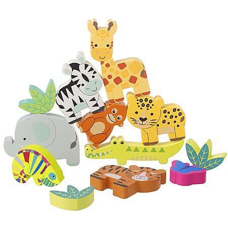 12-Piece Orange Tree Toys Jungle Animal Shaped Wooden Stacking Blocks ...