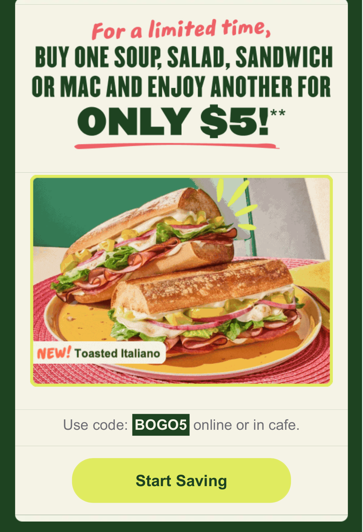 Panera Bread: Earn $5 reward with order $5 or more; Plus BOGO for $5 offer