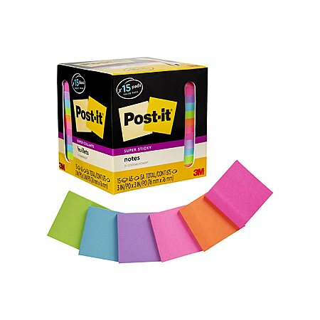 15-Pack 45-Sheet 3" x 3" Post-it Super Sticky Notes (Assorted Bright ...