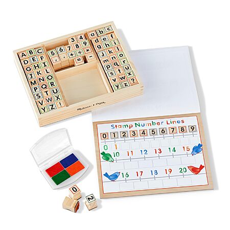 Melissa & Doug Deluxe Letters and Numbers Wooden Stamp Set ABCs 123s ...