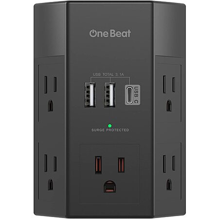 One Beat Multi-Plug Outlet Extender w/ Surge Protector & 3 USB Ports ...
