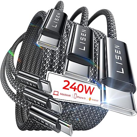 3-Pack LISEN 240W USB-C to USB-C Charger Cables (2x 3.3' + 6') $4.99 ...