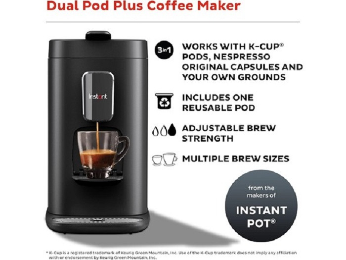 Instant Pot Pod 3-in-1 Espresso K-Cup Pod & Ground Coffee Maker $49.99 ...