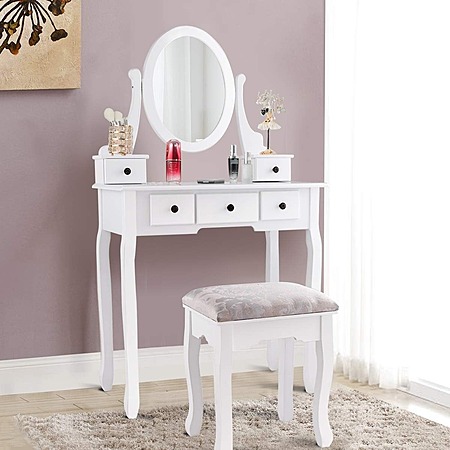 Giantex Girl's Vanity Set w/ 5 Drawers, Cushioned Stool and 360 Degree ...