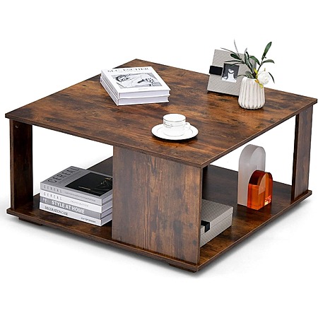Giantex 2-Tier 32'' Wooden Square Coffee Table w/ Storage Shelf (Rustic ...