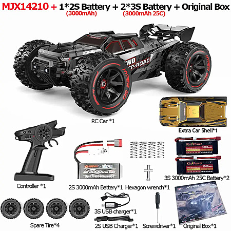 MJX Hyper Go 14210 V3.0 1/14 Brushless 4WD RTR RC Car w/ 3 Batteries ...