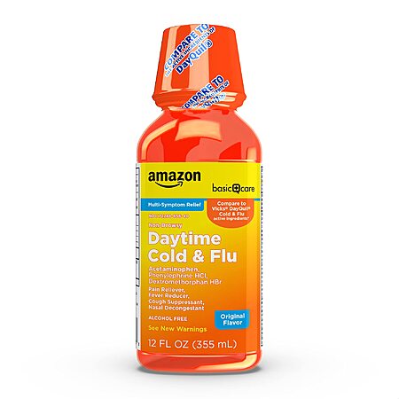Amazon Basic Care Daytime Cold and Flu Relief, Non-Drowsy 12 fl oz $3. ...