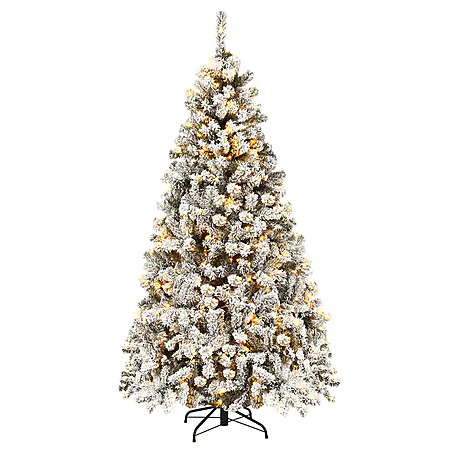Costway - 6 ft Pre-Lit Premium Snow Flocked Artificial Christmas Tree ...