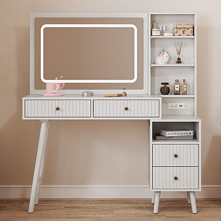 RoyalCraft 48" Fluted Makeup Vanity Desk w/ 34" Mirror, Lights ...