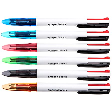 Amazon Basics 4 Color Retractable Ballpoint Pen, Medium Point 1.0 mm, 6 ...