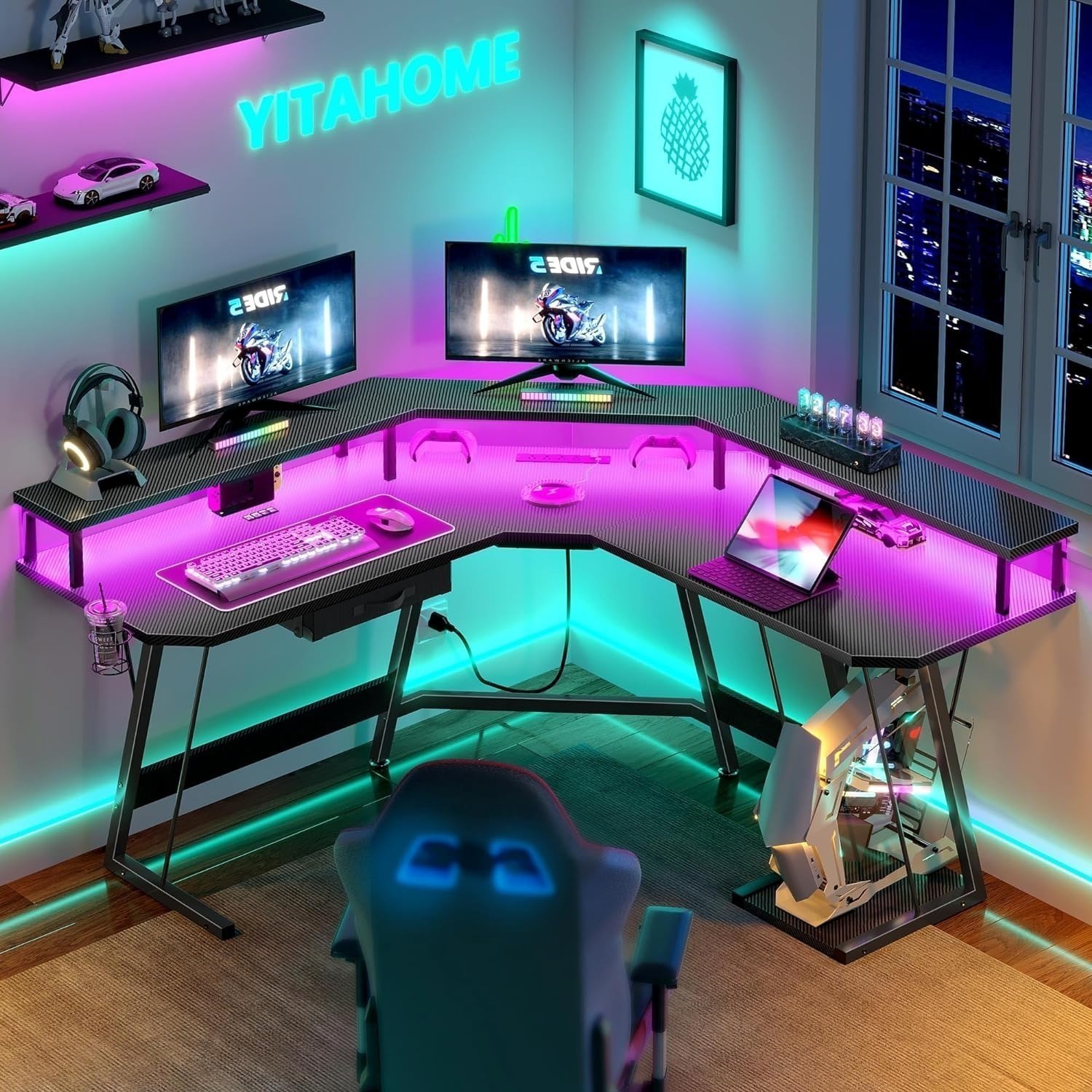 55" YITAHOME L-Shaped Gaming Desk w/ LED Lights & Power Outlets (Black ...