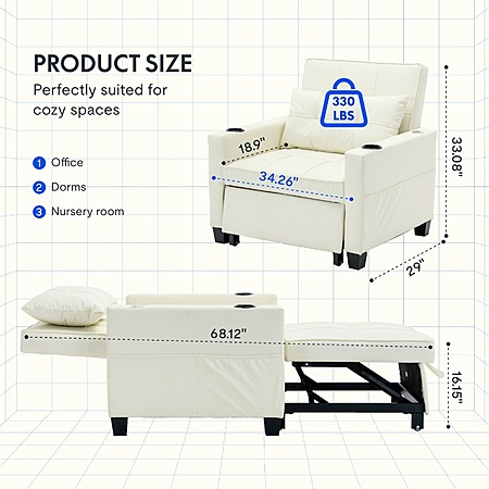 Flexispot 3-in-1 Sleeper Chair Convertible Sofa Bed w/ USB Ports ...