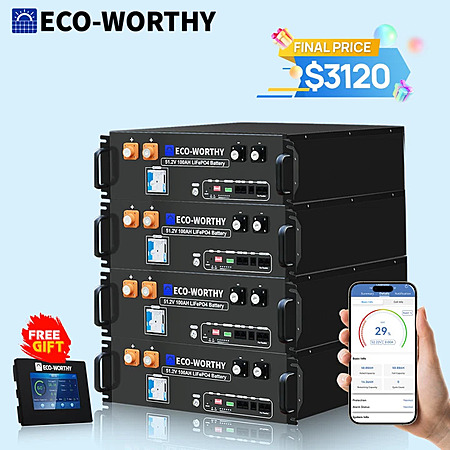 4-Pack ECO-WORTHY 48V 100Ah LiFePO4 Batteries + 48V Battery Monitor ...