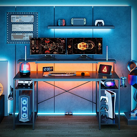 Bestier 55" Gaming Computer Desk w/ Monitor Stand, Shelves & LED ...