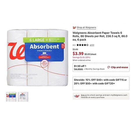 Walgreens Soft Bath Tissue 9 Roll or Walgreens Absorbent Paper Towels 6 ...