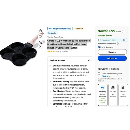 Carote 4-Cup Nonstick Egg and Burger Pan, Breakfast Skillet with ...