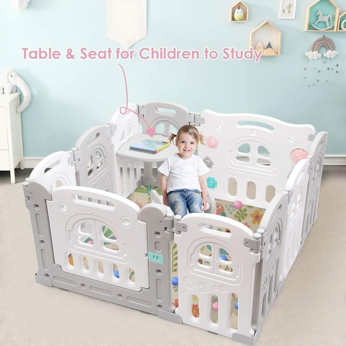 10-Panel Foldable Kids Playpen w/ Table & Stool (Gray & White) $60.80 ...