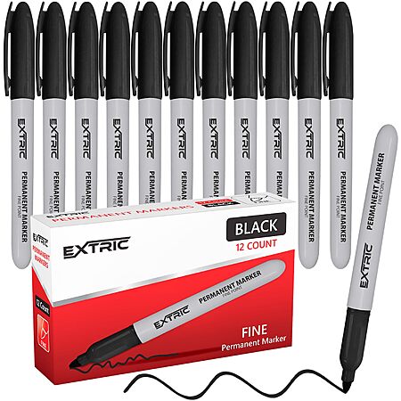 12-Pack EXTRIC Fine Point Permanent Markers (Black) - 2025-08-20