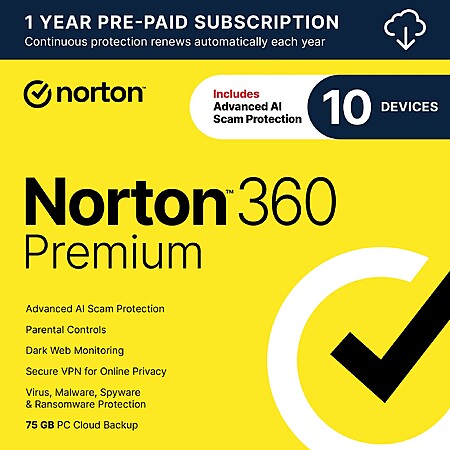 1-Year Norton 360 Premium 2026 Antivirus & Security Software, 10 ...