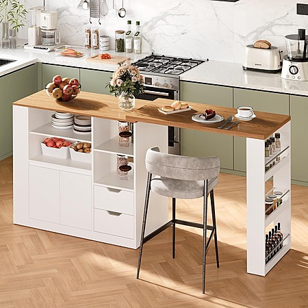 75.8'' RoyalCraft Kitchen Island w/ Extending Rotatable Countertop ...