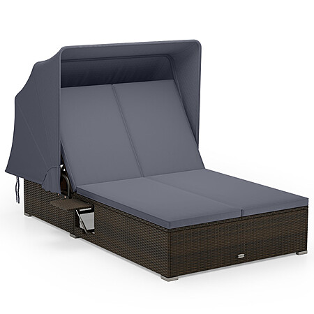 Costway Patio Double Chaise Lounge Recliners w/ Canopy Shade, Cushions ...