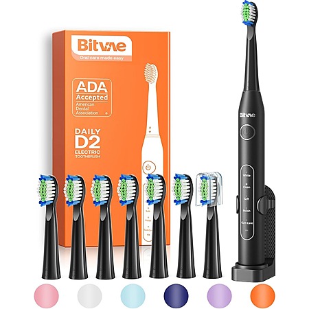 Bitvae D2 Rechargeable Electric Toothbrush (Black) w/ 8 Brush Heads