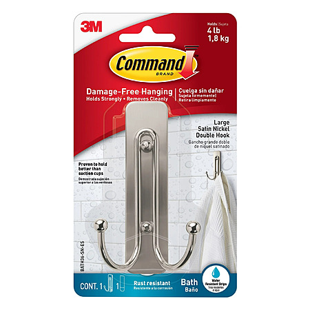 Command Large Double Bathroom Wall Hook, Satin Nickel, Damage Free ...