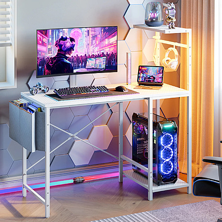 Bestier Gaming Desk with LED Lights, 44'' Computer Desk with Reversible ...