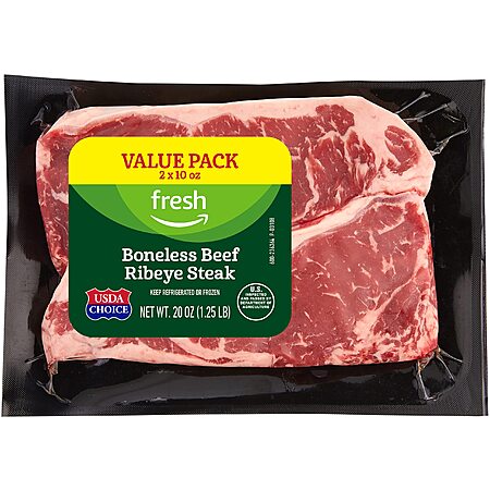 Amazon Fresh Brand, Beef Ribeye Steak, Boneless, Value Pack, 1.25 lb ...
