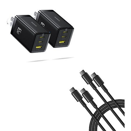 2-Pack Baseus 3-Port up to 65W USB-C Fast Wall Chargers + 2pack 3.3 ...