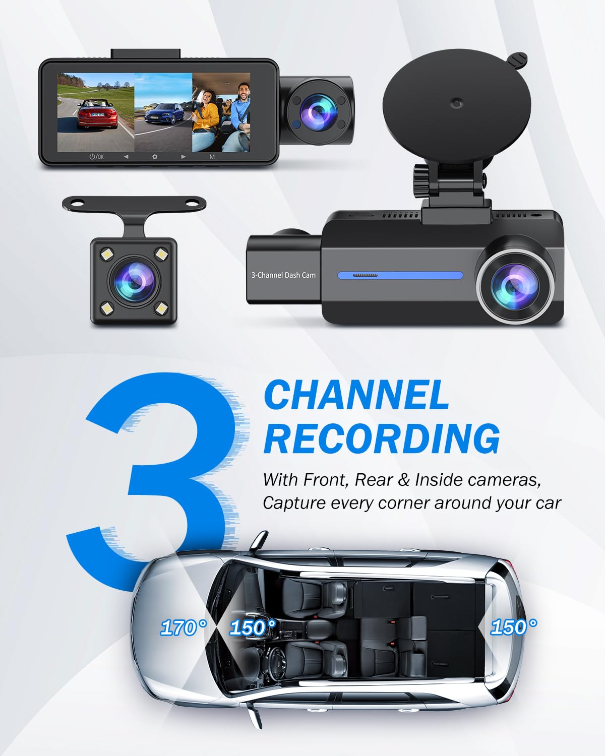 $55.19 3 Channel 2.5K Dash Cam, 1440P Dash Cam Front and Rear Inside ...