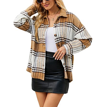 $14.97 Women's Fall Color Block Plaid Flannel Shacket Jacket (Medium)