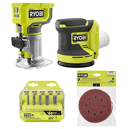 RYOBI ONE+ 18V Compact Fixed Base Router & 5" Random Orbit Sander ...