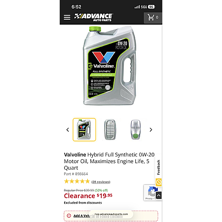 Valvoline Hybrid Full Synthetic 0W-20 Motor Oil, Maximizes Engine Life ...