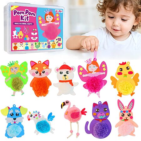 IROLEHOME Pom Pom Craft Kit for Kids 4-6, 10 Plush Animal DIY Felt Arts ...