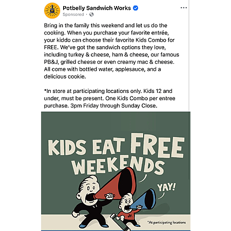 Potbelly Sandwich Works - 1/2-1/4 - Free Kids Combo when you buy an ...