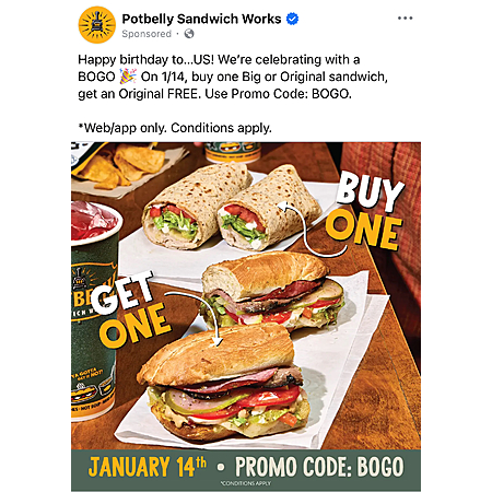 Potbelly Sandwich Works 1/14 only, web/app orders, Buy one Big or ...