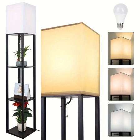 63 in. Floor Lamp with Shelves, Square Corner Tall Bookshelf Lamp with ...