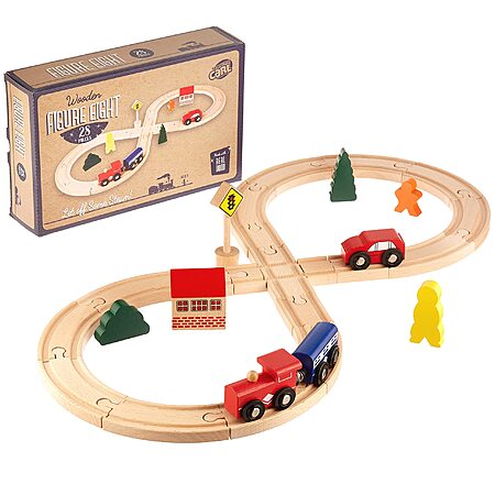 28 Pce. Figure 8 Railway Set, Wooden Train Track Set with Train Cars ...