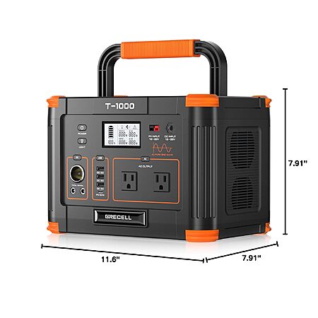GRECELL 999Wh Solar Generator 1000W, Portable Power Station with 60W USB-C PD Output, 110V Pure ...