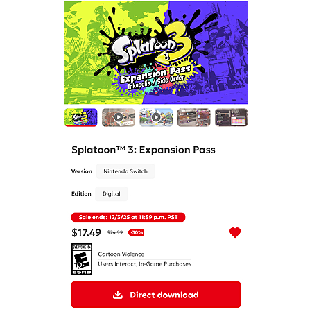 Splatoon 3 Expansion Pass DLC $17.49 - 2025-11-21