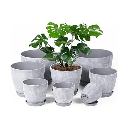 8-Pack Plastic Decorative Flower Pots Planters with Drainage & Saucers ...