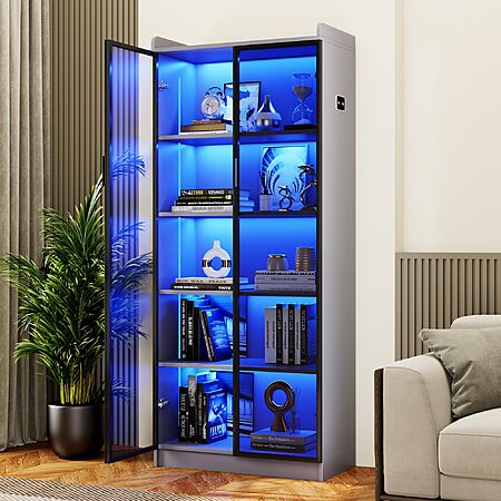 65" Lighted 5-Tier Bookcase w/ Adjustable Shelves & Motion Sensor ...