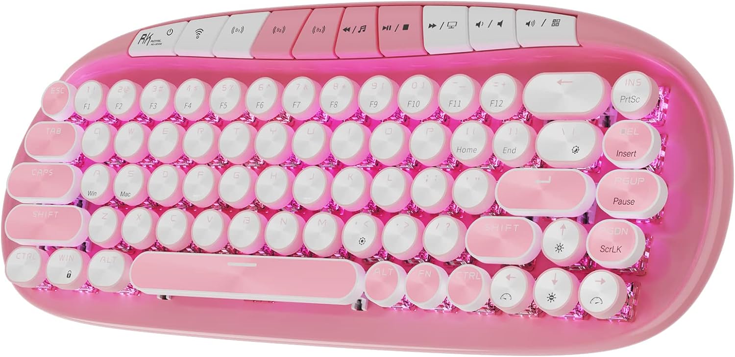 RK ROYAL KLUDGE RK838 Pink Wireless Keyboard, Retro Typewriter Keyboard ...