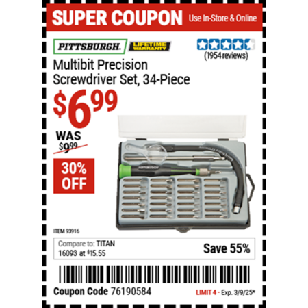 PITTSBURGH Multibit Precision Screwdriver Set, 34-Piece for $6.99 ...