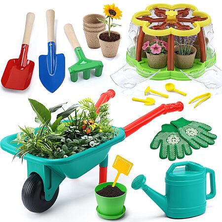 CUTE STONE Kids Gardening Set with Wheelbarrow for Plant Growing Kit ...