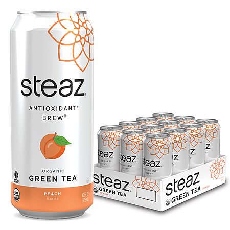12-Pack 16-Oz Steaz Organic Iced Green Tea Antioxident Brew (Peach) $16 ...